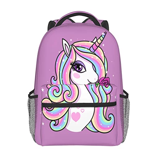 FeHuew Girls Rose Unicorn Backpacks Bookbag 16 Inch Shoulder Bag Daypack for 1-5th Grade School