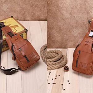 BULLCAPTAIN Leather Men's Sling Backpack Multi-pocket Crossbody Chest Bags Travel Hiking Daypack with Earphone Hole (brown 2)