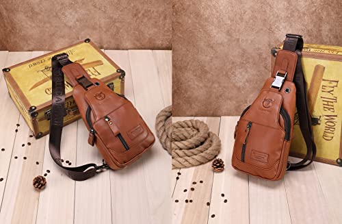 BULLCAPTAIN Leather Men's Sling Backpack Multi-pocket Crossbody Chest Bags Travel Hiking Daypack with Earphone Hole (brown 2)