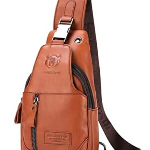 BULLCAPTAIN Leather Men's Sling Backpack Multi-pocket Crossbody Chest Bags Travel Hiking Daypack with Earphone Hole (brown 2)