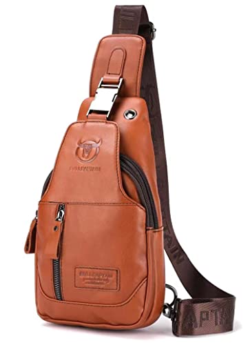 BULLCAPTAIN Leather Men's Sling Backpack Multi-pocket Crossbody Chest Bags Travel Hiking Daypack with Earphone Hole (brown 2)