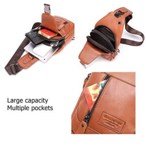 BULLCAPTAIN Leather Men's Sling Backpack Multi-pocket Crossbody Chest Bags Travel Hiking Daypack with Earphone Hole (brown 2)