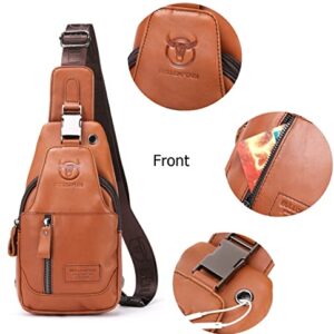 BULLCAPTAIN Leather Men's Sling Backpack Multi-pocket Crossbody Chest Bags Travel Hiking Daypack with Earphone Hole (brown 2)