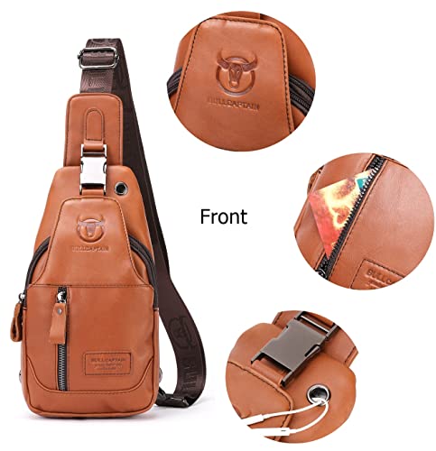 BULLCAPTAIN Leather Men's Sling Backpack Multi-pocket Crossbody Chest Bags Travel Hiking Daypack with Earphone Hole (brown 2)