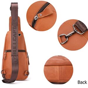 BULLCAPTAIN Leather Men's Sling Backpack Multi-pocket Crossbody Chest Bags Travel Hiking Daypack with Earphone Hole (brown 2)