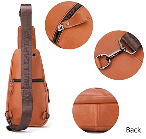 BULLCAPTAIN Leather Men's Sling Backpack Multi-pocket Crossbody Chest Bags Travel Hiking Daypack with Earphone Hole (brown 2)