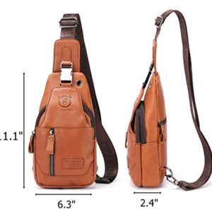 BULLCAPTAIN Leather Men's Sling Backpack Multi-pocket Crossbody Chest Bags Travel Hiking Daypack with Earphone Hole (brown 2)