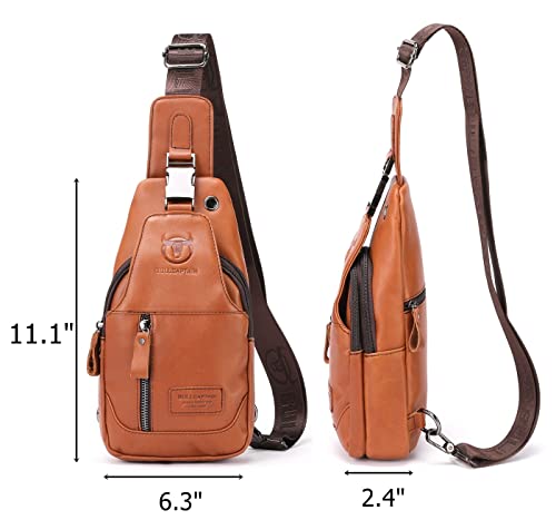 BULLCAPTAIN Leather Men's Sling Backpack Multi-pocket Crossbody Chest Bags Travel Hiking Daypack with Earphone Hole (brown 2)