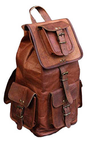 20" Retro Travel Rucksack Backpack Brown Leather Bag for Men Women