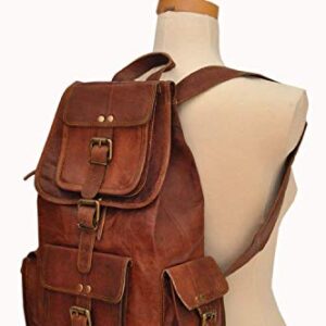 20" Retro Travel Rucksack Backpack Brown Leather Bag for Men Women