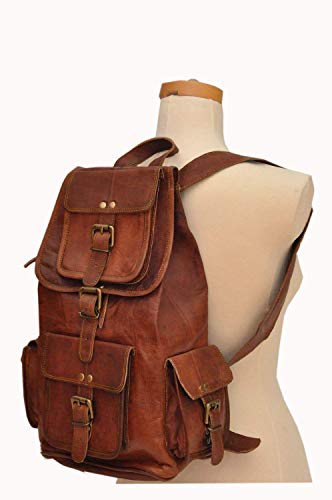 20" Retro Travel Rucksack Backpack Brown Leather Bag for Men Women