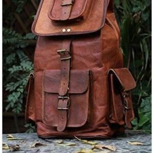 20" Retro Travel Rucksack Backpack Brown Leather Bag for Men Women