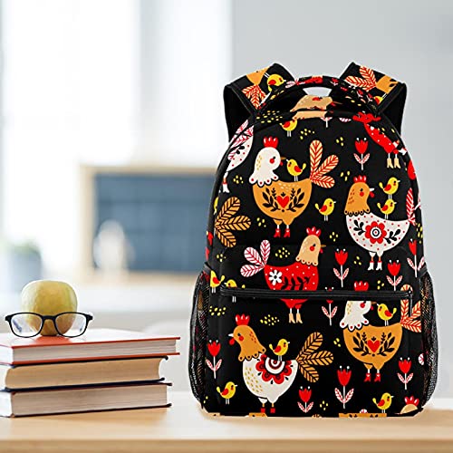 LORVIES Colorful Rooster Chicken Floral Pattern Lightweight School Classic Backpack Travel Rucksack for Girl Women Kids Teens