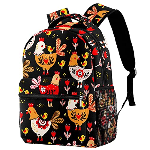 LORVIES Colorful Rooster Chicken Floral Pattern Lightweight School Classic Backpack Travel Rucksack for Girl Women Kids Teens