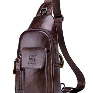 BULLCAPTAIN Mens Genuine Leather Sling Crossbody Bag Travel Casual Multi-pocket Chest Bag Hiking Backpacks (Brown)