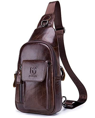 BULLCAPTAIN Mens Genuine Leather Sling Crossbody Bag Travel Casual Multi-pocket Chest Bag Hiking Backpacks (Brown)