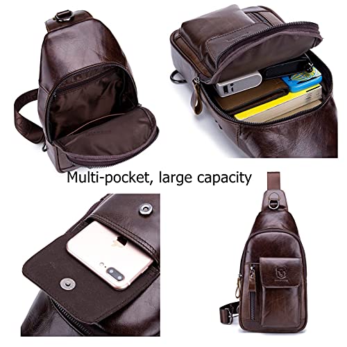 BULLCAPTAIN Mens Genuine Leather Sling Crossbody Bag Travel Casual Multi-pocket Chest Bag Hiking Backpacks (Brown)