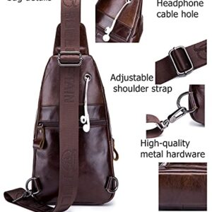 BULLCAPTAIN Mens Genuine Leather Sling Crossbody Bag Travel Casual Multi-pocket Chest Bag Hiking Backpacks (Brown)