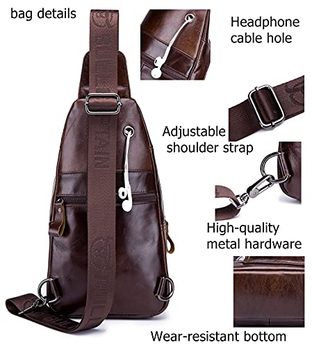 BULLCAPTAIN Mens Genuine Leather Sling Crossbody Bag Travel Casual Multi-pocket Chest Bag Hiking Backpacks (Brown)