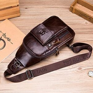 BULLCAPTAIN Mens Genuine Leather Sling Crossbody Bag Travel Casual Multi-pocket Chest Bag Hiking Backpacks (Brown)