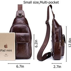 BULLCAPTAIN Mens Genuine Leather Sling Crossbody Bag Travel Casual Multi-pocket Chest Bag Hiking Backpacks (Brown)