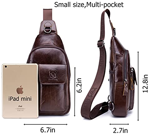 BULLCAPTAIN Mens Genuine Leather Sling Crossbody Bag Travel Casual Multi-pocket Chest Bag Hiking Backpacks (Brown)