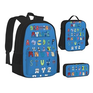 ILVTYAN Alphabet Lore 3 Piece Backpack Set, Cartoon Alphabet Backpack Pencil Case Lunch Bag Casual Backpack Combo Unisex