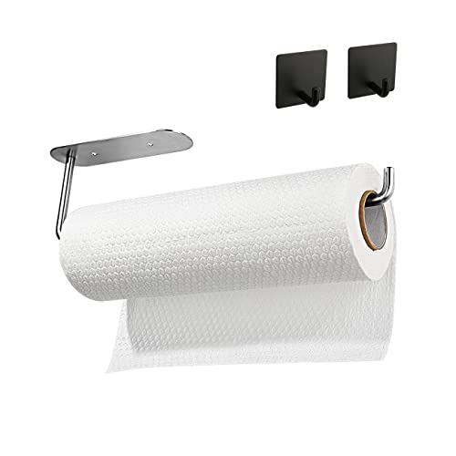 Luxbon Paper Towel Holder -Self Adhesive or Drilling ,Black Paper Towel Holder Under Cabinet for Kitchen, Bathroom,SUS304 Stainless Steel(Black+2pcs Adhesive Hooks)