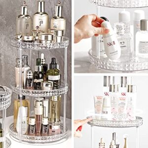 BYFU 3 Tier Rotating Lazy Susan Makeup Organizer, Turntable Clear Diamond Cosmetic Display Storage Tray, Plastic Bathroom Holder Rack for Kitchen, Table, Cabinet, Countertop, Pantry (Clear Diamond)