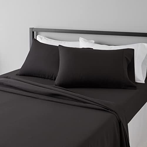 Amazon Basics Lightweight Super Soft Easy Care Microfiber Bed Sheet Set with 14-Inch Deep Pockets - Queen, Black