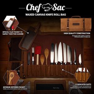 Waxed Canvas Chef Knife Roll Bag with 10-Pack Knife Guards Included