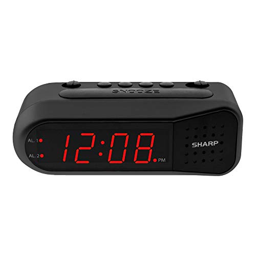 SHARP Digital Alarm Clock – Black Case with Red LEDs - Ascending Alarm Grows Increasing Louder, Gentle Wake Up Experience, Dual Alarm - Battery Back-up, Easy to Use with Simple Operation