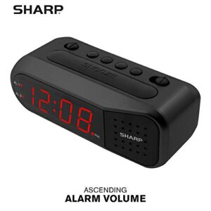 SHARP Digital Alarm Clock – Black Case with Red LEDs - Ascending Alarm Grows Increasing Louder, Gentle Wake Up Experience, Dual Alarm - Battery Back-up, Easy to Use with Simple Operation