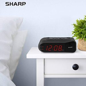 SHARP Digital Alarm Clock – Black Case with Red LEDs - Ascending Alarm Grows Increasing Louder, Gentle Wake Up Experience, Dual Alarm - Battery Back-up, Easy to Use with Simple Operation