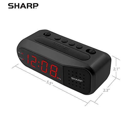 SHARP Digital Alarm Clock – Black Case with Red LEDs - Ascending Alarm Grows Increasing Louder, Gentle Wake Up Experience, Dual Alarm - Battery Back-up, Easy to Use with Simple Operation