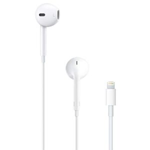 apple earpods headphones with lightning connector. microphone with built-in remote to control music, phone calls, and volume. wired earbuds for iphone