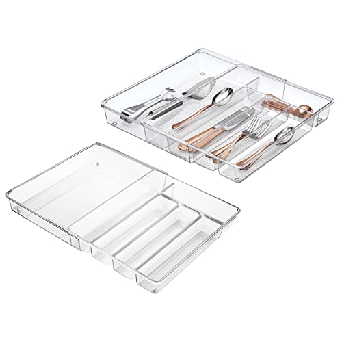 mDesign Adjustable, Expandable Plastic Kitchen Cabinet Drawer Storage Organizer Tray - for Storing Organizing Cutlery, Spoons, Cooking Utensils, Gadgets - 2 Pack - Clear