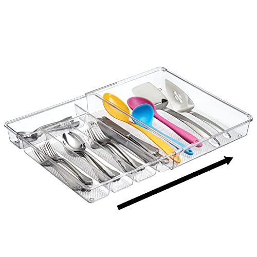 mDesign Adjustable, Expandable Plastic Kitchen Cabinet Drawer Storage Organizer Tray - for Storing Organizing Cutlery, Spoons, Cooking Utensils, Gadgets - 2 Pack - Clear