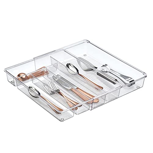 mDesign Adjustable, Expandable Plastic Kitchen Cabinet Drawer Storage Organizer Tray - for Storing Organizing Cutlery, Spoons, Cooking Utensils, Gadgets - 2 Pack - Clear