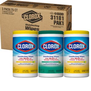 Clorox Disinfecting Wipes, Bleach Free Cleaning Wipes, Multi-surface Wipes, Fresh Scent & Crisp Lemon Value Pack, 75 Wipes (Pack of 3) - Packaging May Vary