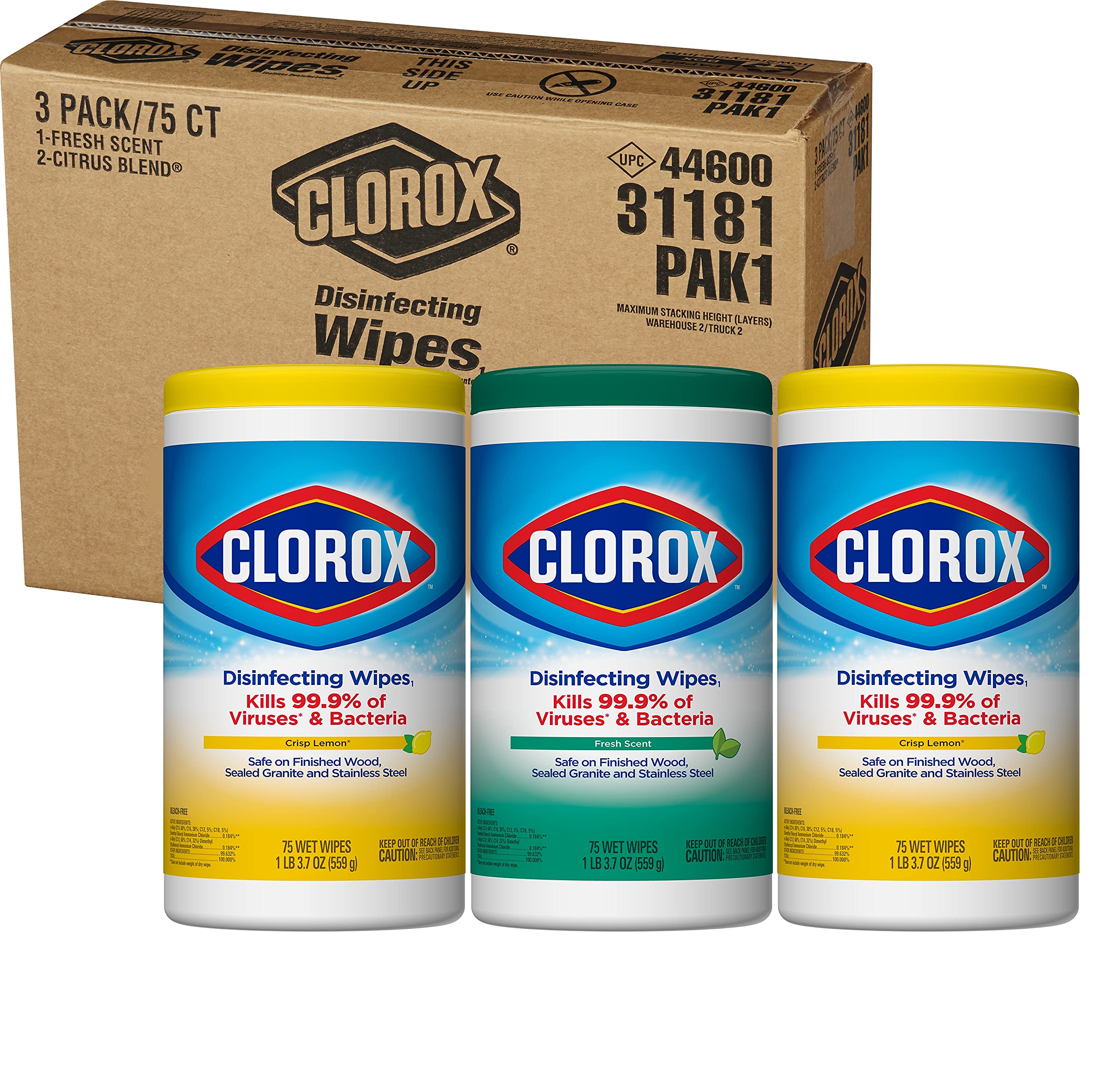 Clorox Disinfecting Wipes, Bleach Free Cleaning Wipes, Multi-surface Wipes, Fresh Scent & Crisp Lemon Value Pack, 75 Wipes (Pack of 3) - Packaging May Vary