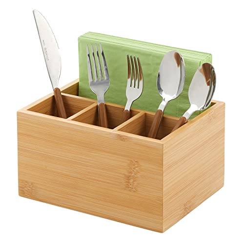 mDesign Bamboo Cutlery, Utensil, and Napkin Storage Organizer Bin for Kitchen, Pantry, Table and Countertop - Utensil Caddy Holds Forks, Knives, Spoons, Napkins - 4 Sections - Natural