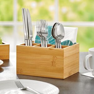 mDesign Bamboo Cutlery, Utensil, and Napkin Storage Organizer Bin for Kitchen, Pantry, Table and Countertop - Utensil Caddy Holds Forks, Knives, Spoons, Napkins - 4 Sections - Natural