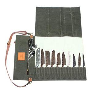 FIREDOG Wessleco Chef Knife Roll Bag (10 Pockets), Waxed Canvas Knife Carrying Case Storage with Handle & Shoulder Strap, Zipper Pouch for Culinary Tools (Knives Not Included)