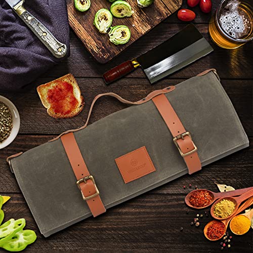 FIREDOG Wessleco Chef Knife Roll Bag (10 Pockets), Waxed Canvas Knife Carrying Case Storage with Handle & Shoulder Strap, Zipper Pouch for Culinary Tools (Knives Not Included)