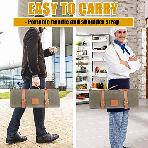 FIREDOG Wessleco Chef Knife Roll Bag (10 Pockets), Waxed Canvas Knife Carrying Case Storage with Handle & Shoulder Strap, Zipper Pouch for Culinary Tools (Knives Not Included)