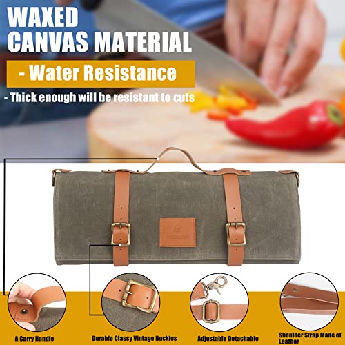 FIREDOG Wessleco Chef Knife Roll Bag (10 Pockets), Waxed Canvas Knife Carrying Case Storage with Handle & Shoulder Strap, Zipper Pouch for Culinary Tools (Knives Not Included)