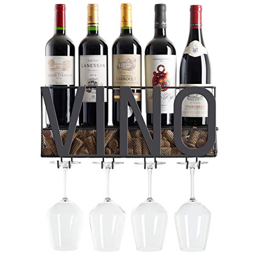 MKZ Products Wall Mounted Wine Rack | Wine Bottle Holder| Hanging Stemware Glass Holder | Cork Storage | Storage Rack | Home & Kitchen Decor (VINO - Bold)