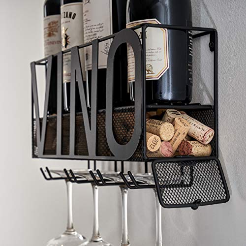 MKZ Products Wall Mounted Wine Rack | Wine Bottle Holder| Hanging Stemware Glass Holder | Cork Storage | Storage Rack | Home & Kitchen Decor (VINO - Bold)