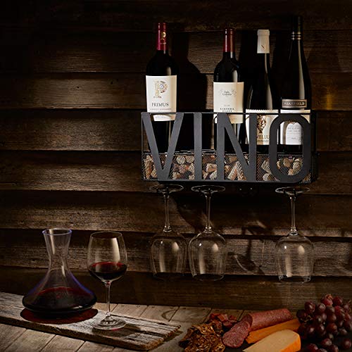 MKZ Products Wall Mounted Wine Rack | Wine Bottle Holder| Hanging Stemware Glass Holder | Cork Storage | Storage Rack | Home & Kitchen Decor (VINO - Bold)